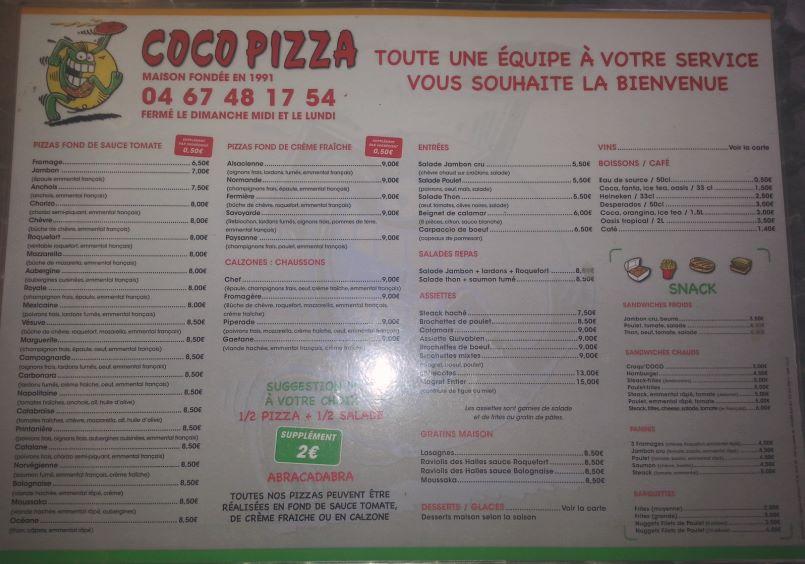 Menu au Coco Pizza pizzeria, Frontignan