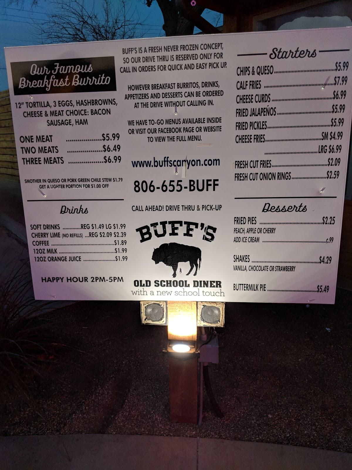 Menu at Buff's restaurant, Canyon, 4th Ave