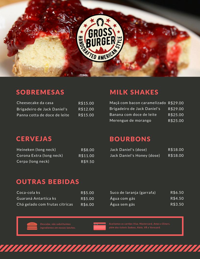 Menu at Gross Burger restaurant, Jundiaí