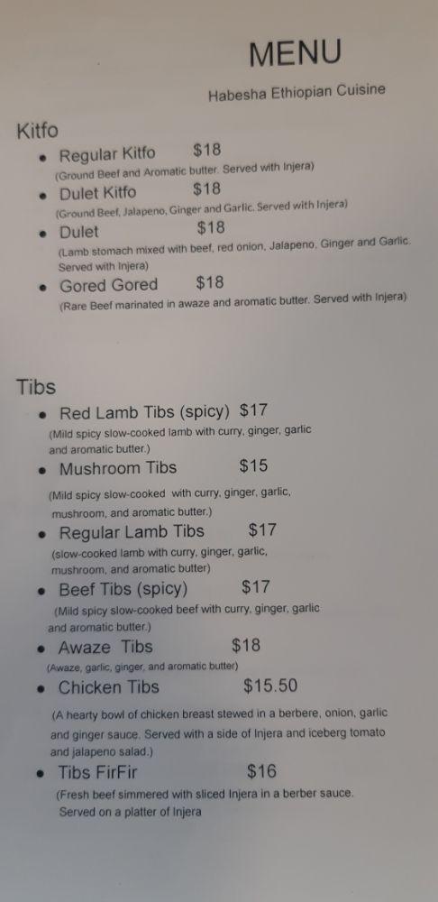 Menu at HABESHA RESTAURANT, Calgary