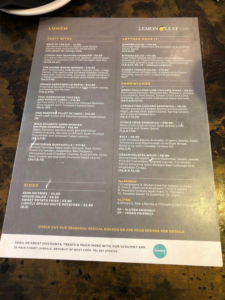 Menu at Lemon Leaf Cafe Bar & Townhouse, Kinsale