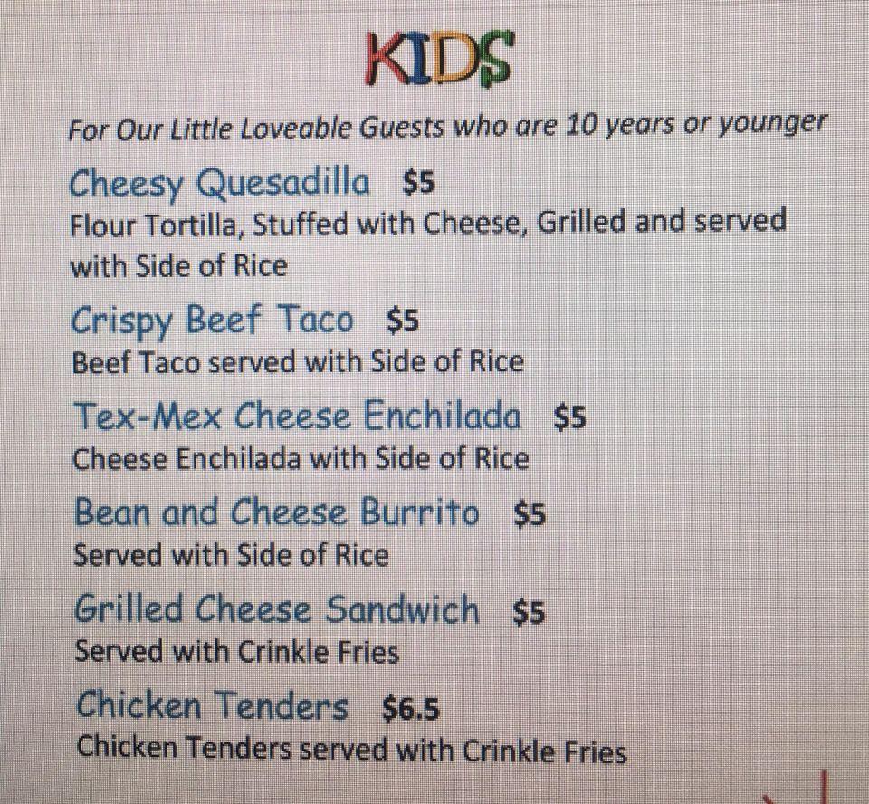 Menu at Quetzal Tex-Mex restaurant, Jonestown