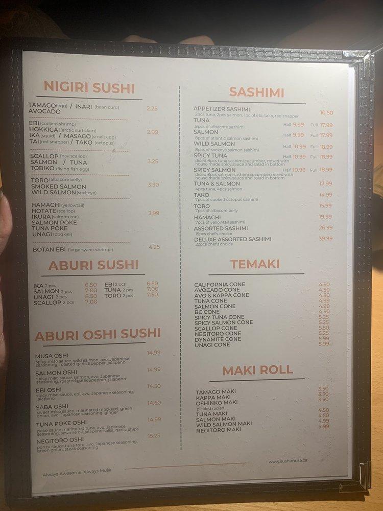 Menu at Sushi Musa restaurant, Langley Township