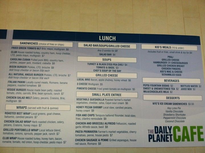 Menu at The Daily Planet Cafe, Raleigh
