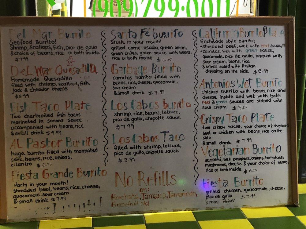 Menu at Cha-Cha's Tacos restaurant, Redlands
