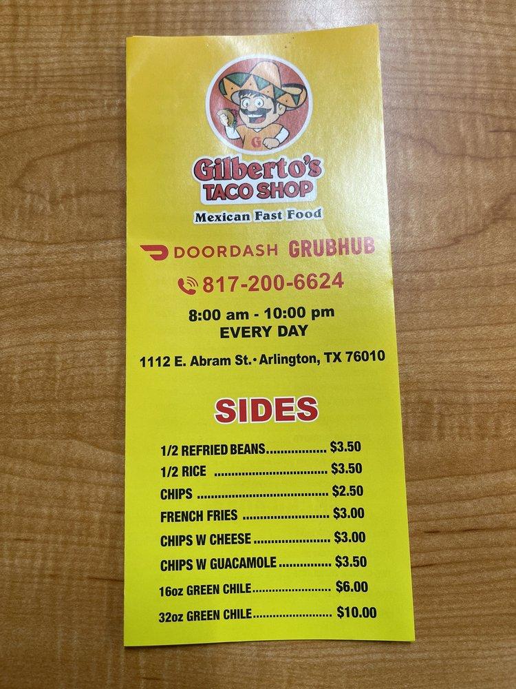 Menu at Gilberto's Taco Shop restaurant, Arlington
