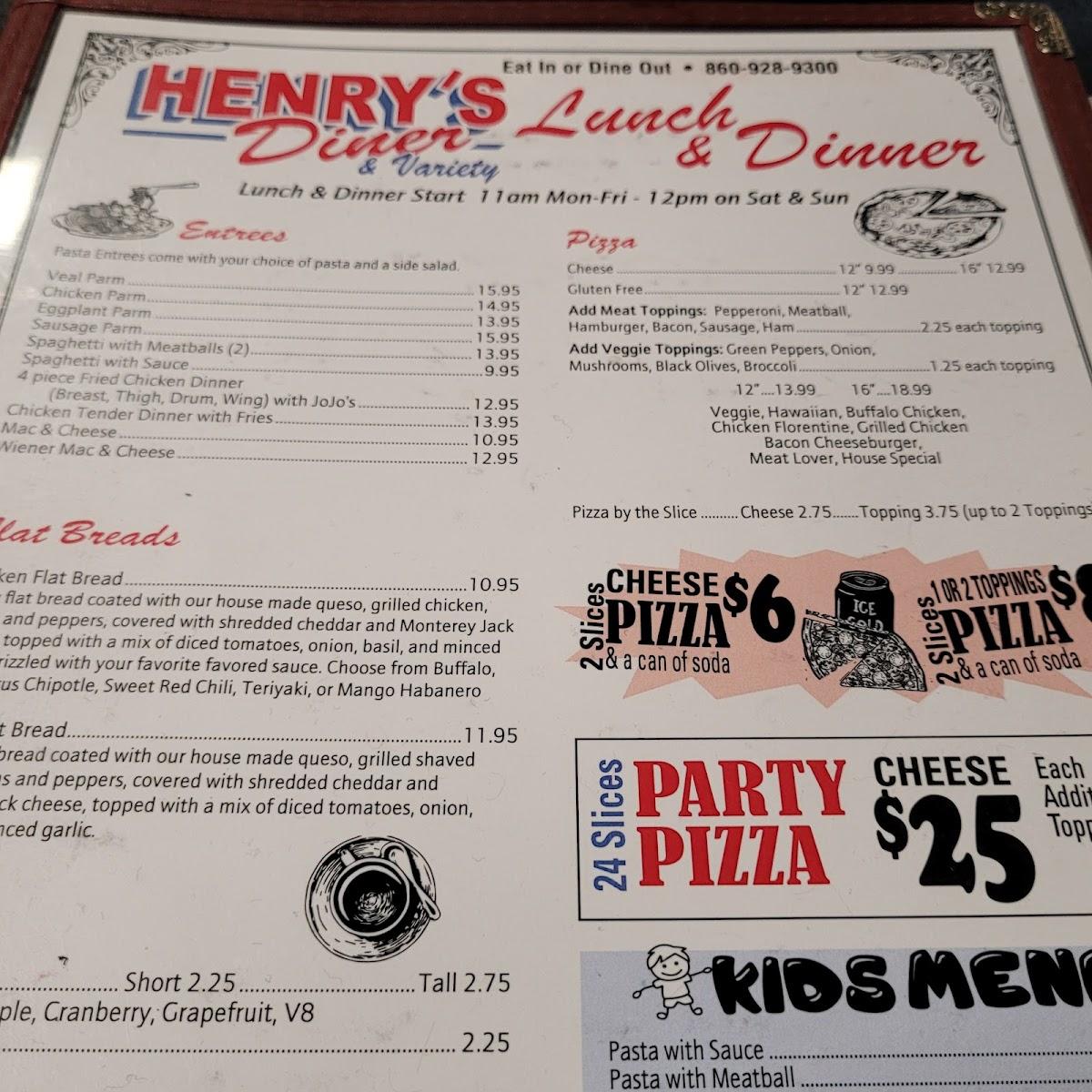 Menu at Henry's Diner restaurant, Putnam