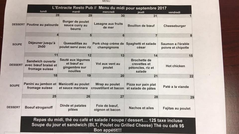 Menu au L'Entracte Resto Pub, Tracadie-Sheila