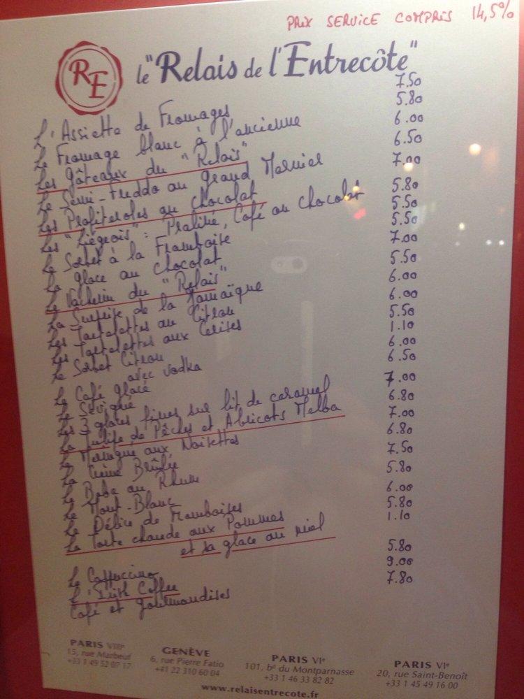 Menu au Le Relais de l'Entrecôte restaurant à viande, Paris, 20 Rue ...