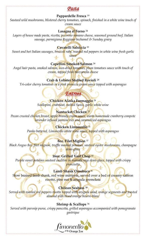 Menu at Limoncello at the Orange Inn pub & bar, Goshen
