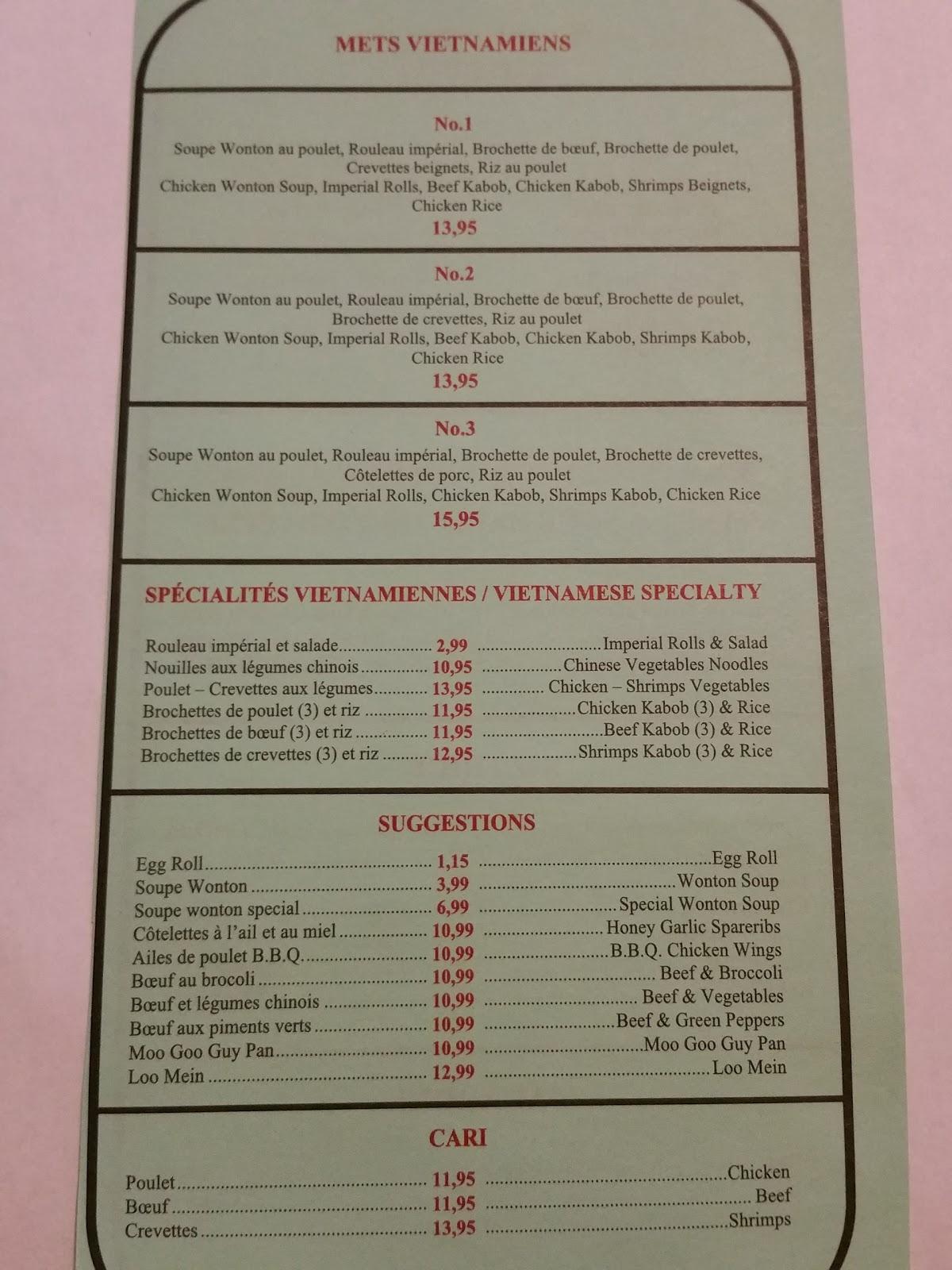 Menu au Me Linh Restaurant, Shippagan