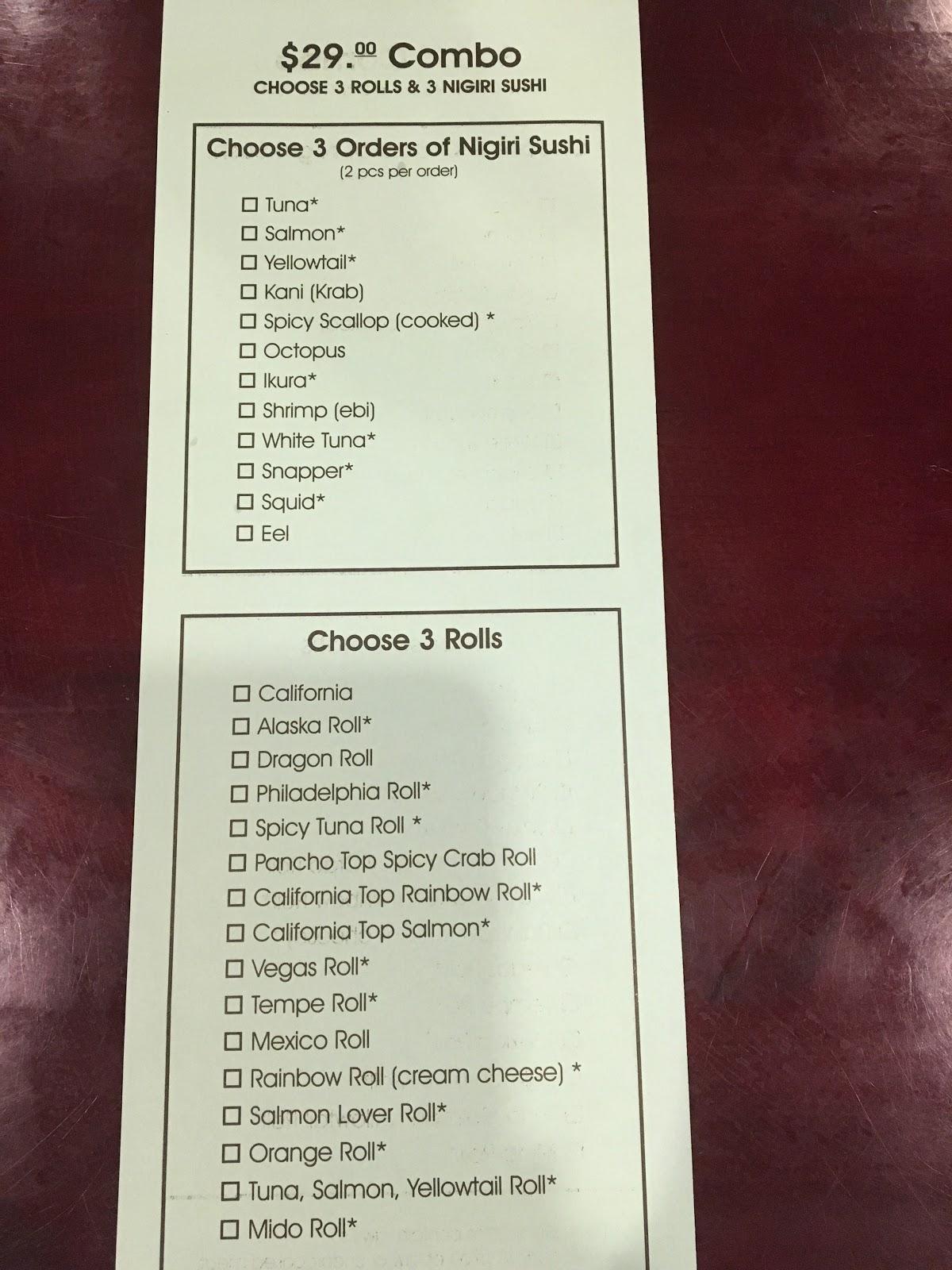 Menu at Mido Sushi restaurant, Chandler, W Ray Rd