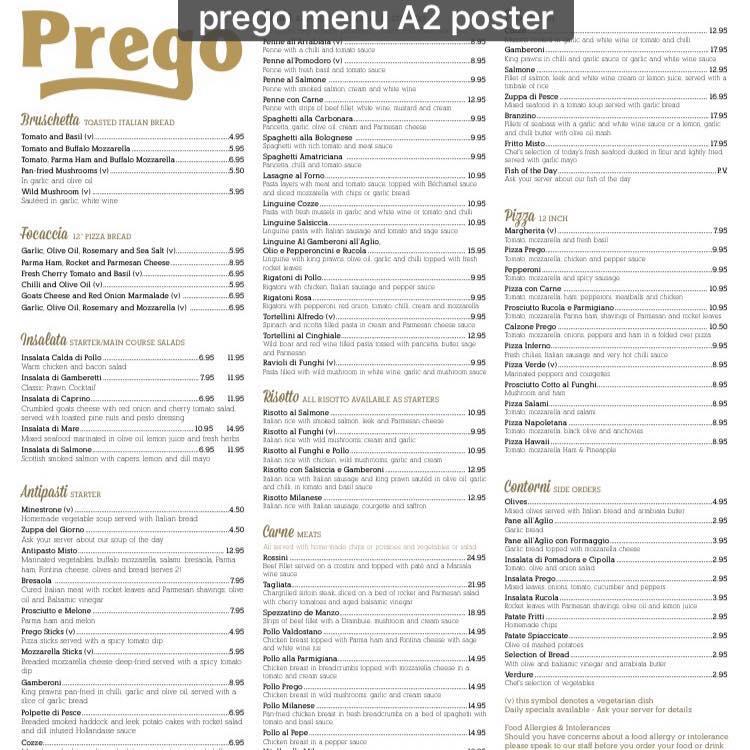 Menu at Prego restaurant, Lanark