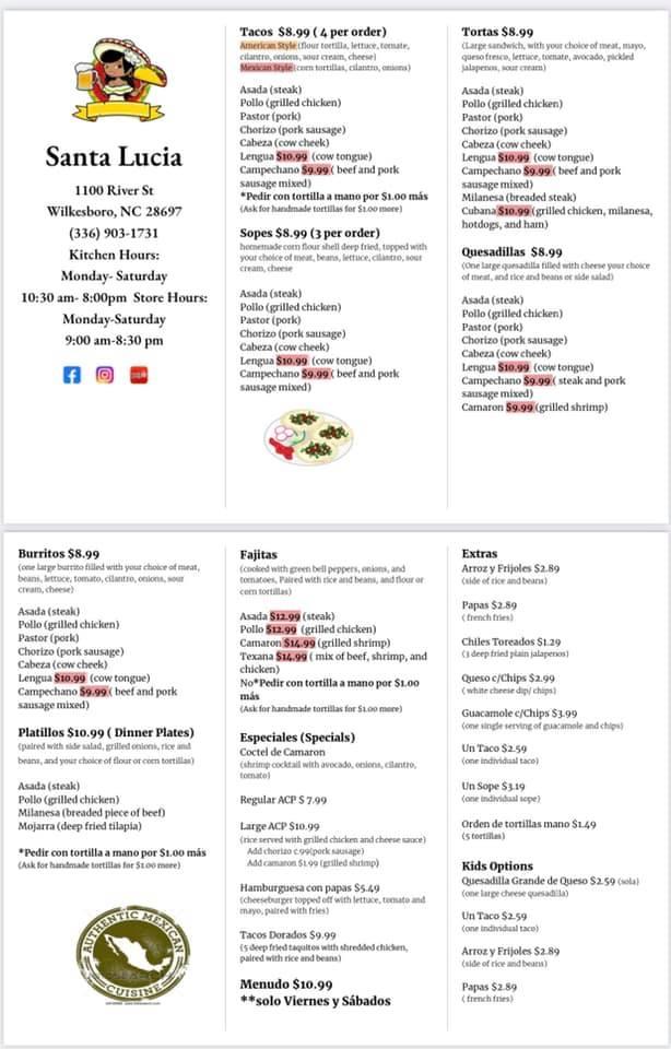 Menu at Santa Lucia Market restaurant, Wilkesboro