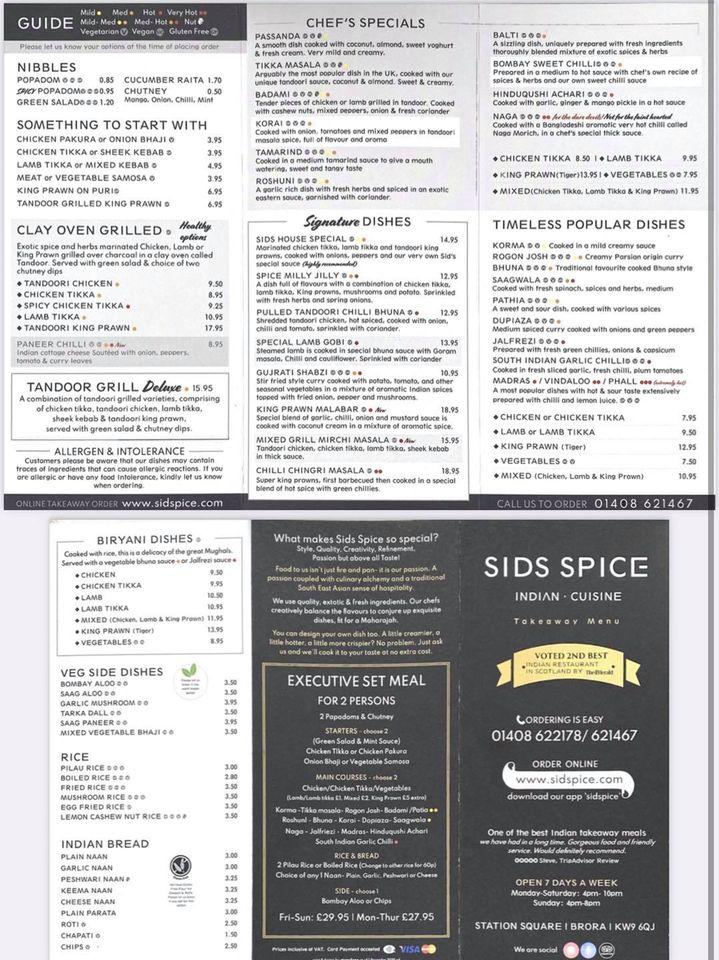 Menu at Sid's Spice restaurant, Brora