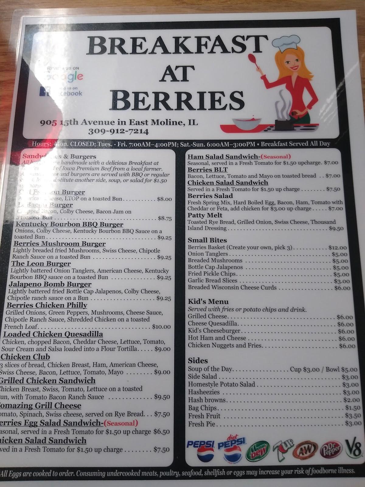 Menu at Breakfast at Berries Too! restaurant, East Moline