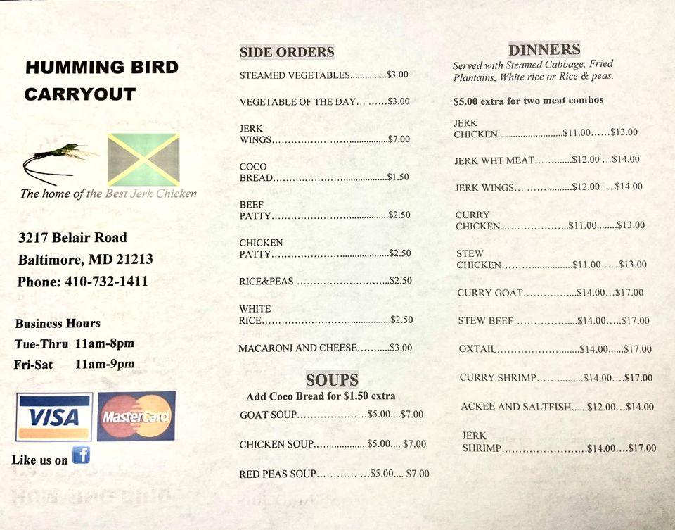 Menu at Hummingbird Carryout restaurant, Baltimore