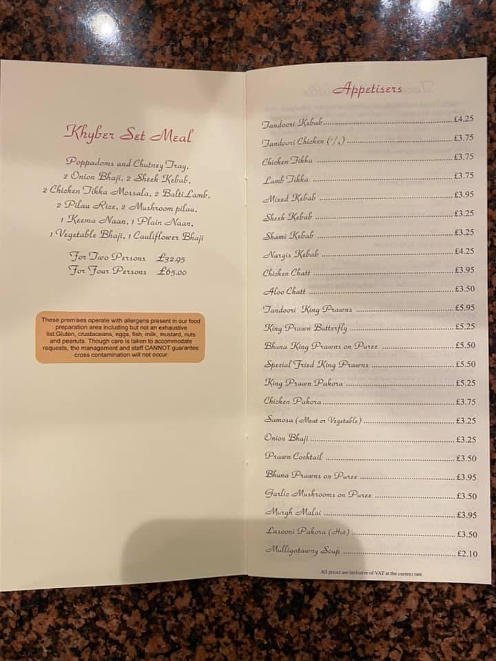 Menu at The Khyber Restaurant, Haxey