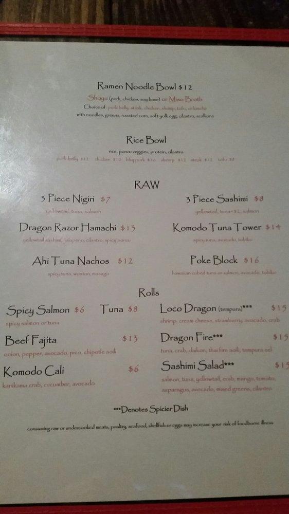 Menu at Komodo Loco restaurant, Denton