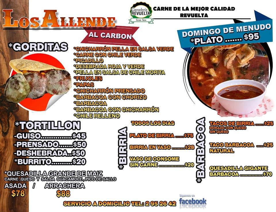 Carta del restaurante los allende, Gómez Palacio