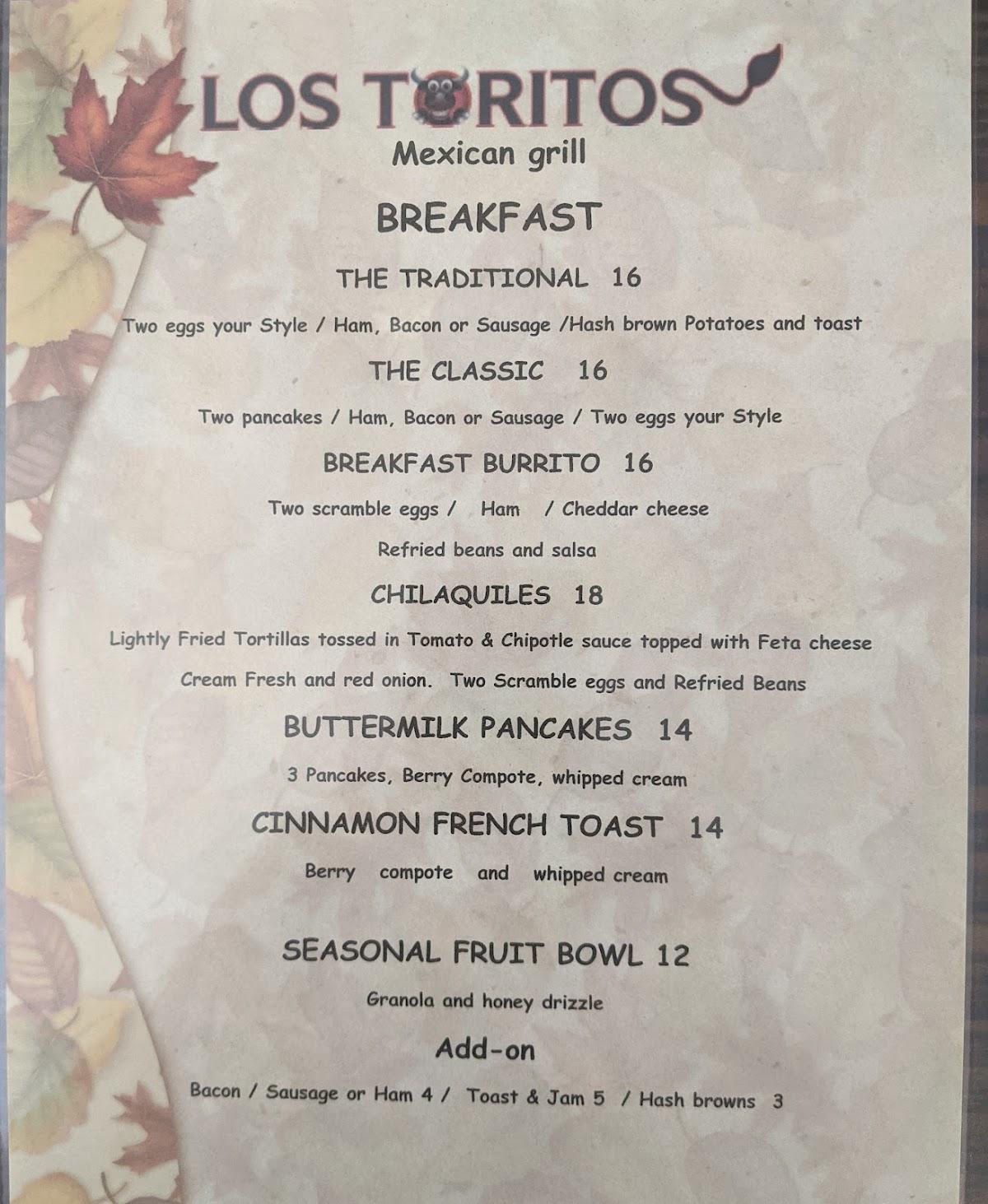 Menu at Los Toritos - Mexican Grill restaurant, Seba Beach