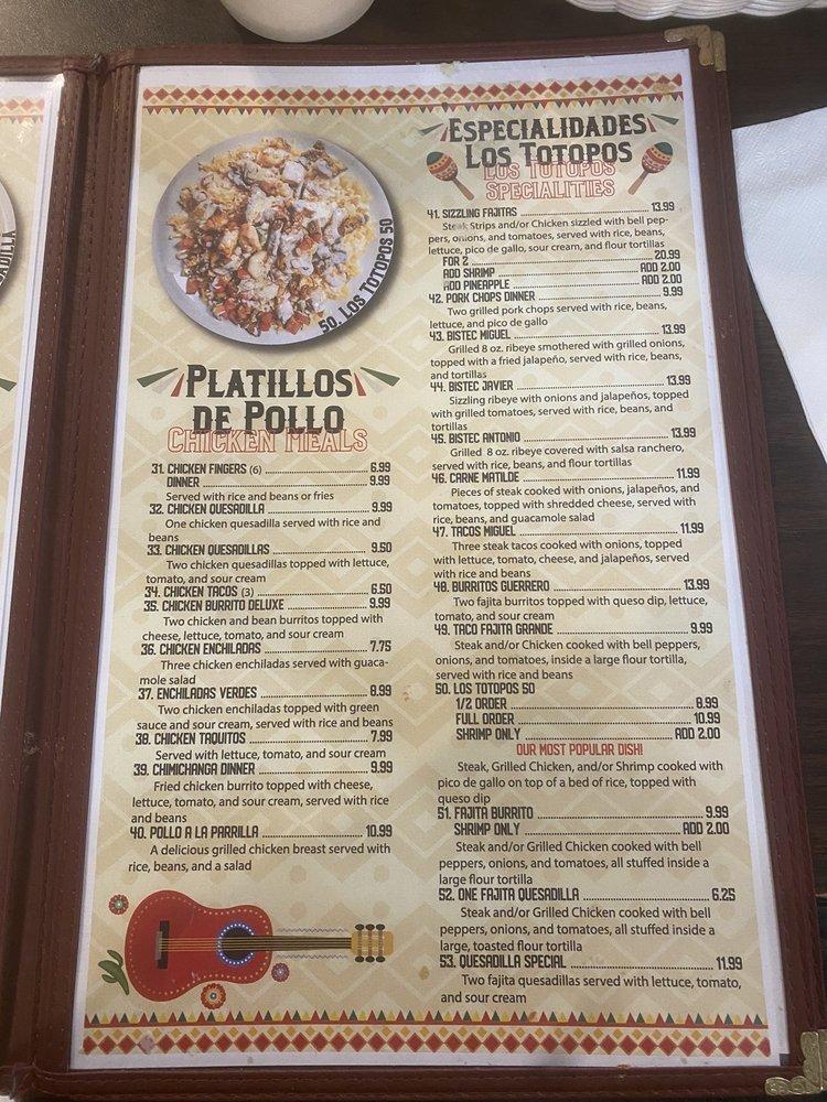 Menu at Los Totopos restaurant, Quitman, 701 N Archusa Ave
