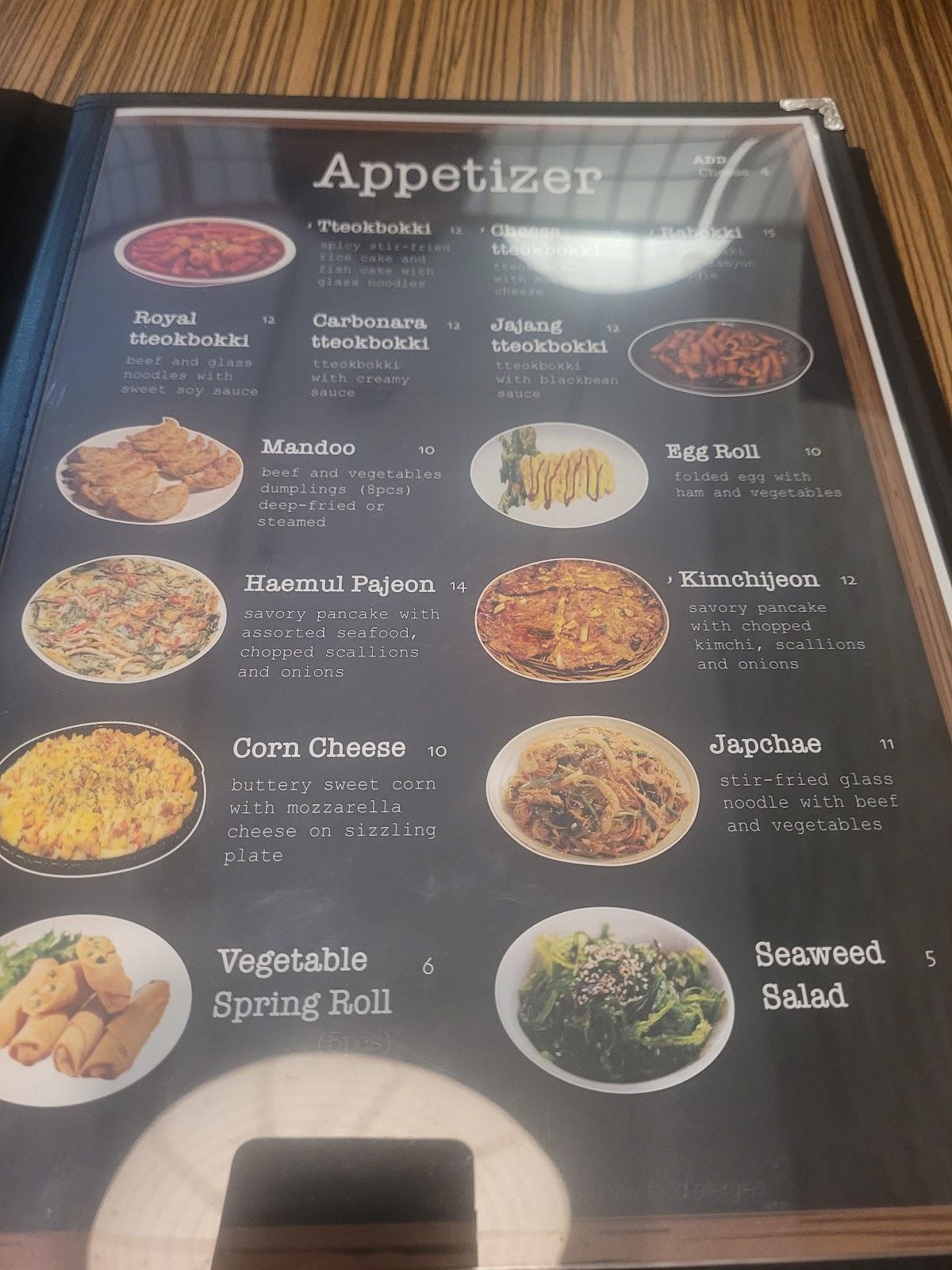 Menu at Onnuri restaurant, Waterloo
