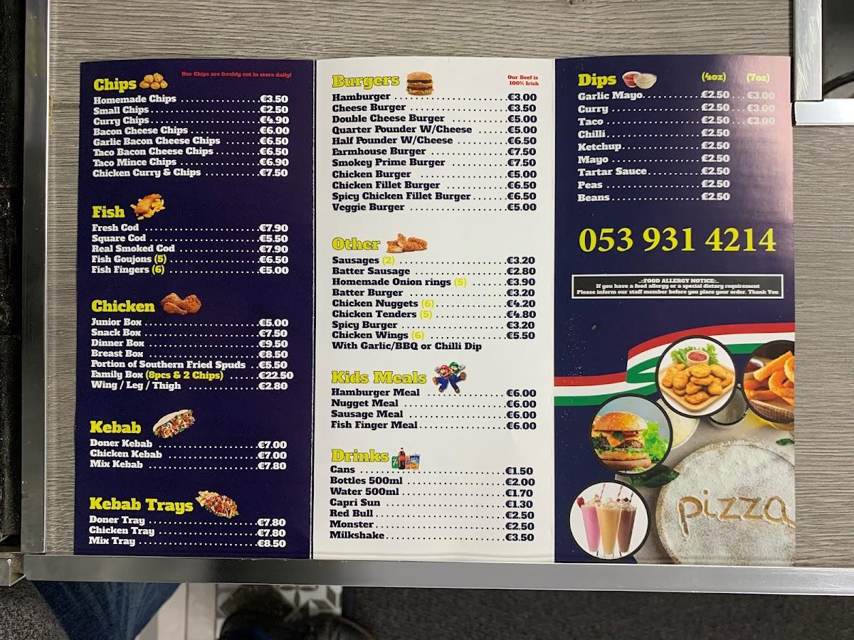 Menu at Sandros Takeaway restaurant, Bunclody
