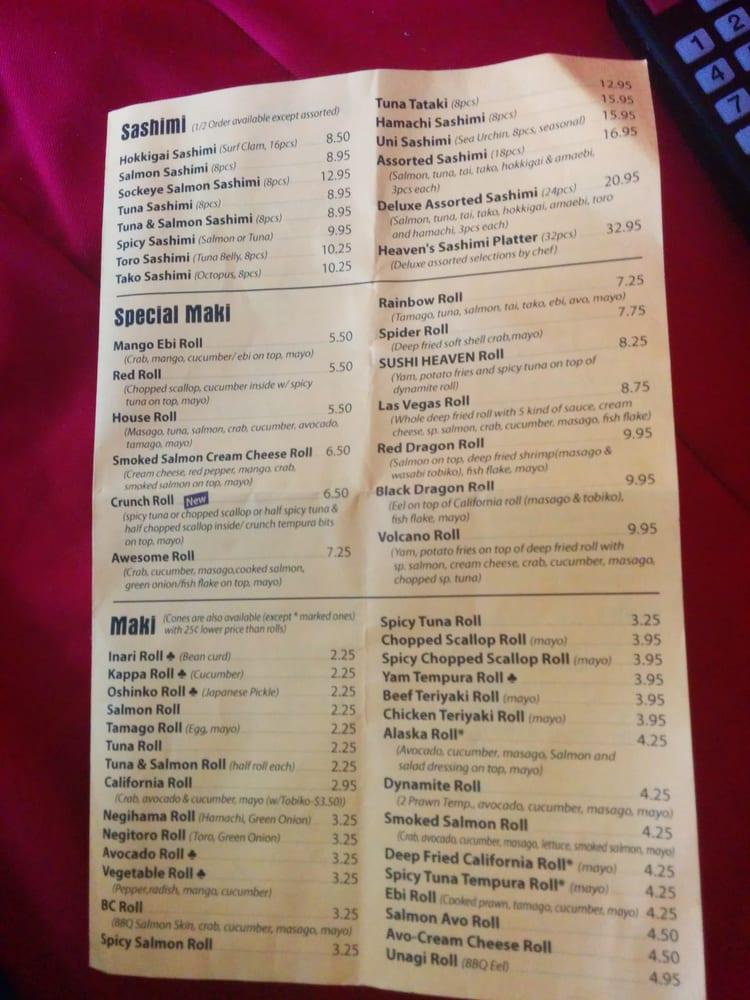Menu at Sushi Heaven in New Westminster restaurant, New Westminster ...