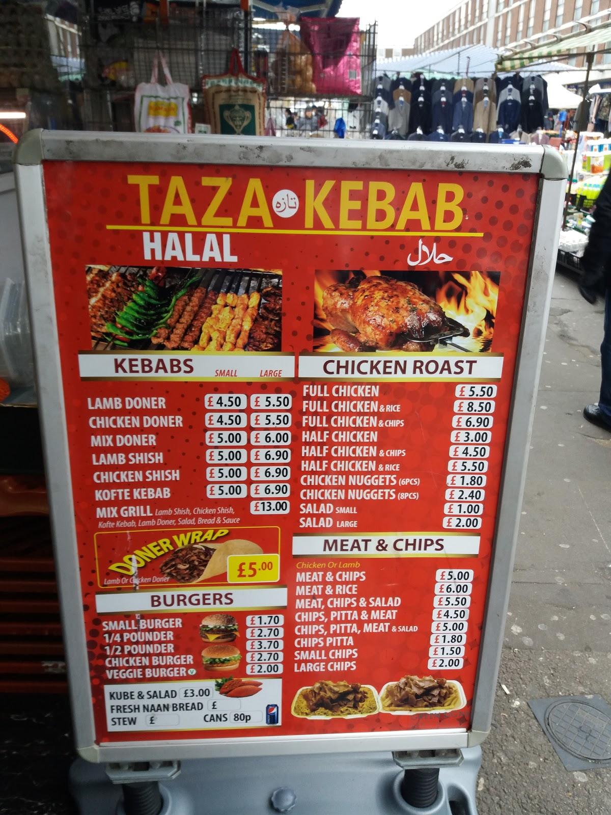 Menu at Taza Kebab restaurant, London
