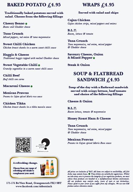 Menu at Abbotsinch restaurant, Grangemouth