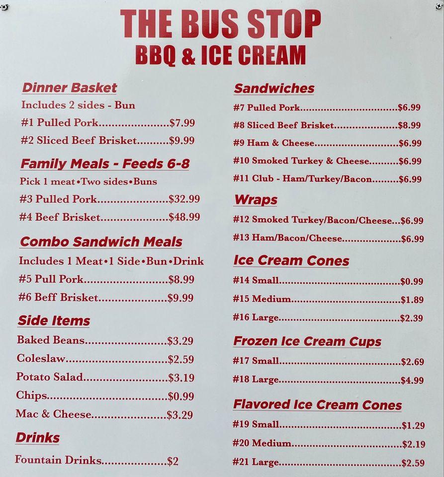 Menu at The Bus Stop BBQ & Ice cream Garfield AR, Garfield