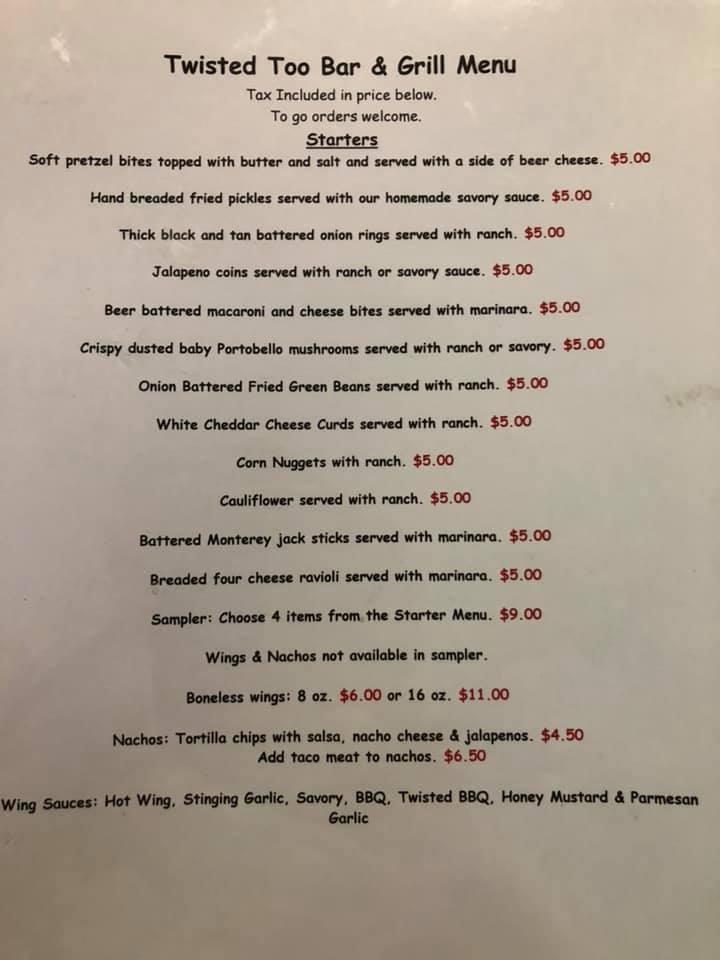 Menu at Twisted Too Bar & Grill, Roseville