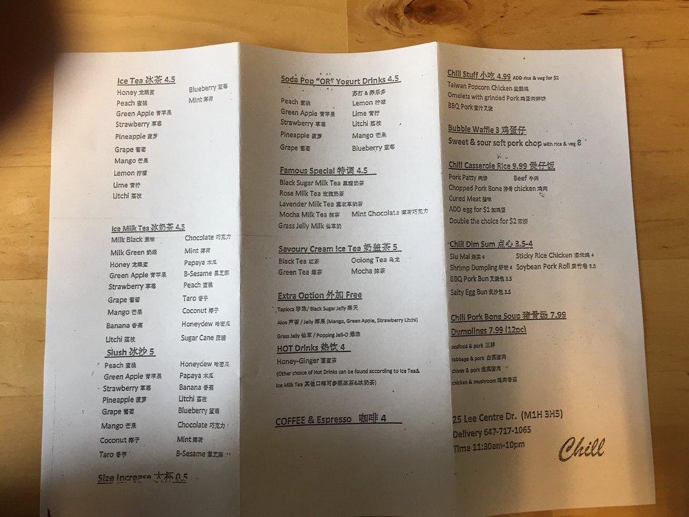 Menu at Chill desserts, Toronto, 26 Lee Centre Dr