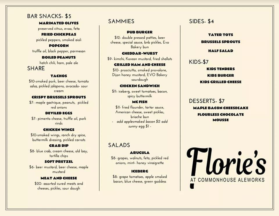 Menu at Commonhouse Aleworks restaurant, North Charleston