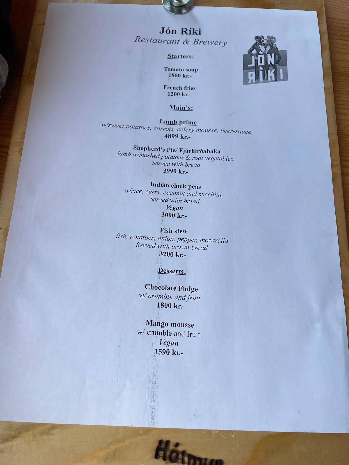 Menu at Jon Riki restaurant, Iceland