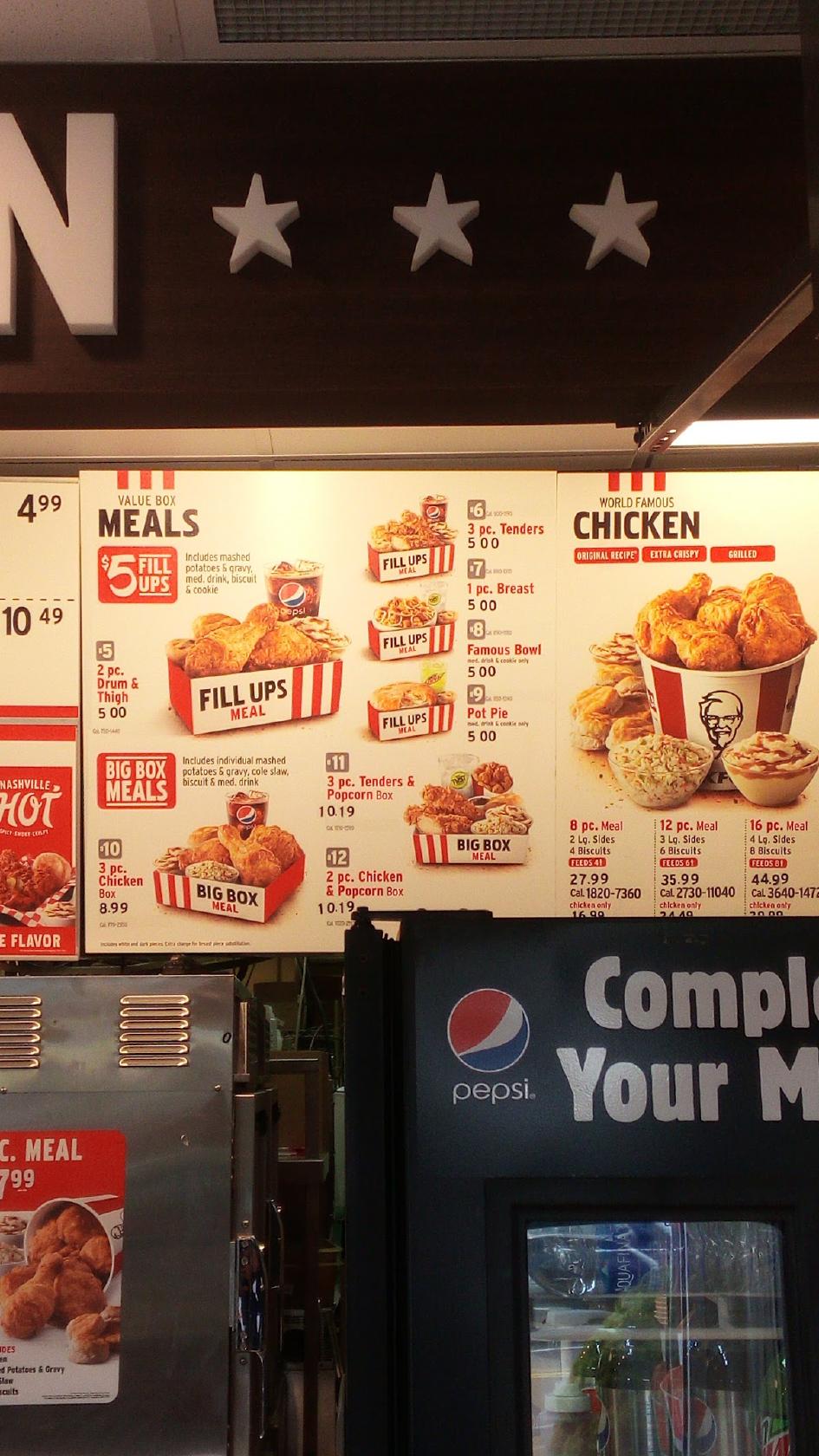 Menu at KFC fast food, Tacoma, S 38th St