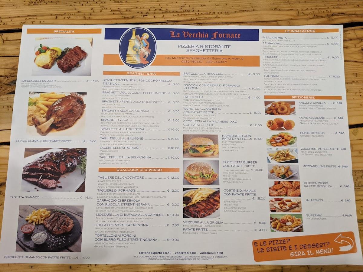 Carta de Pizzeria La Vecchia Fornace, San Martino di Castrozza