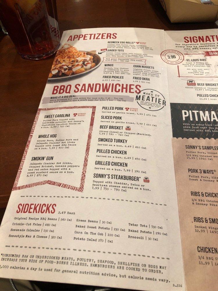 Menu at Sonny's BBQ, Corbin, 200 KY-770