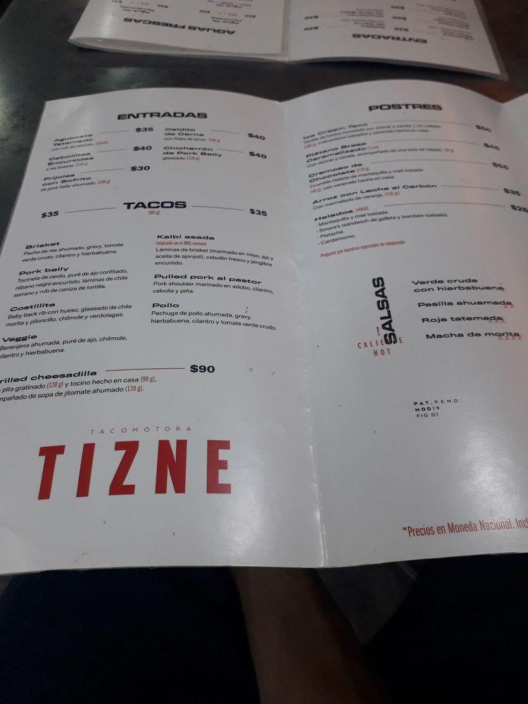 Menu at Tizne Tacomotora restaurant, Mexico City, Diagonal no. 39