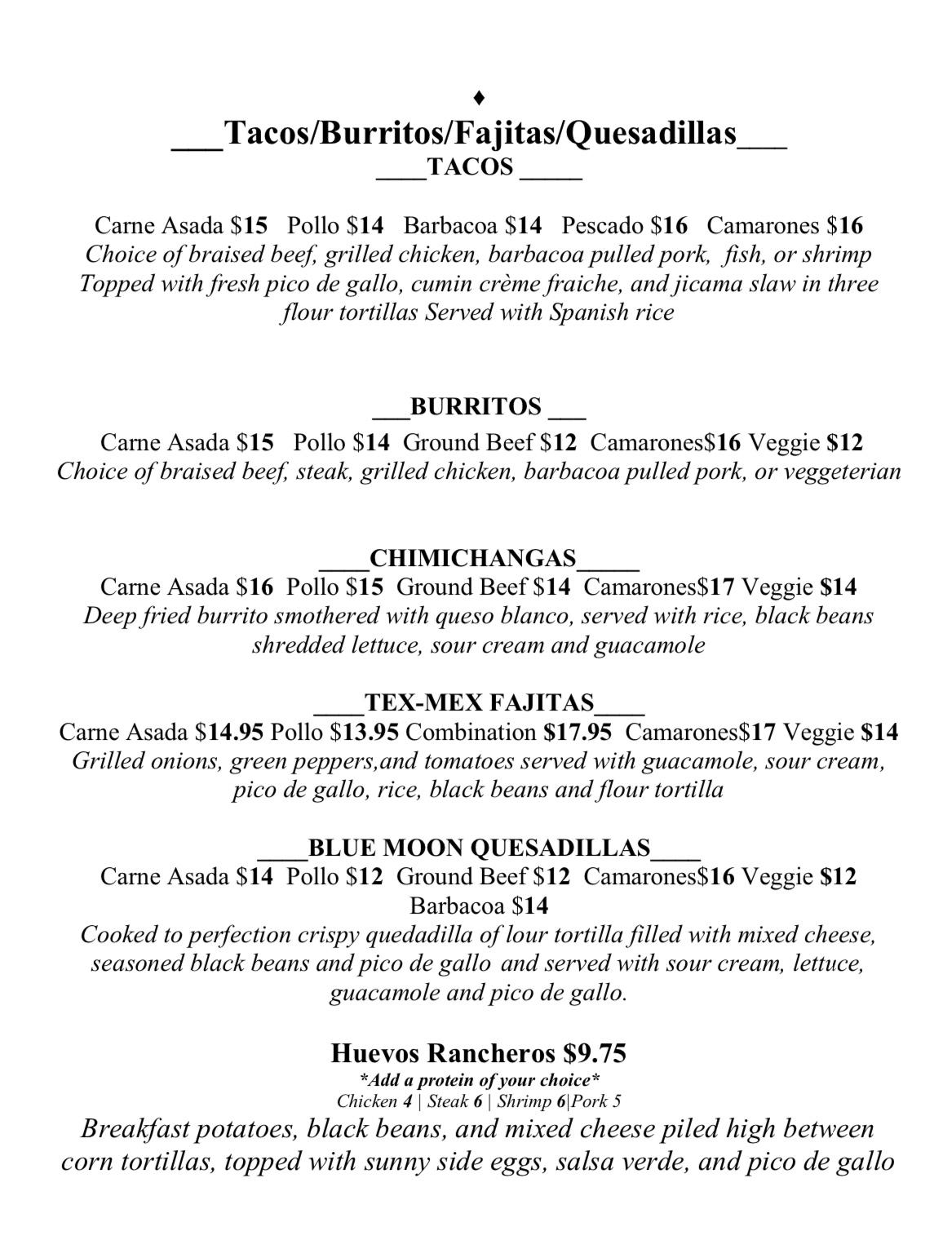 Menu at Blue Moon Lounge restaurant, Annandale