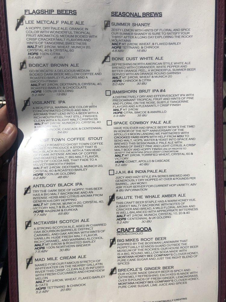 Menu at Bridger Brewing pizzeria, Bozeman