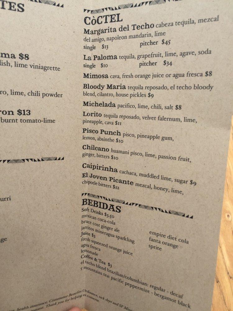 Menu at El Techo pub & bar, San Francisco