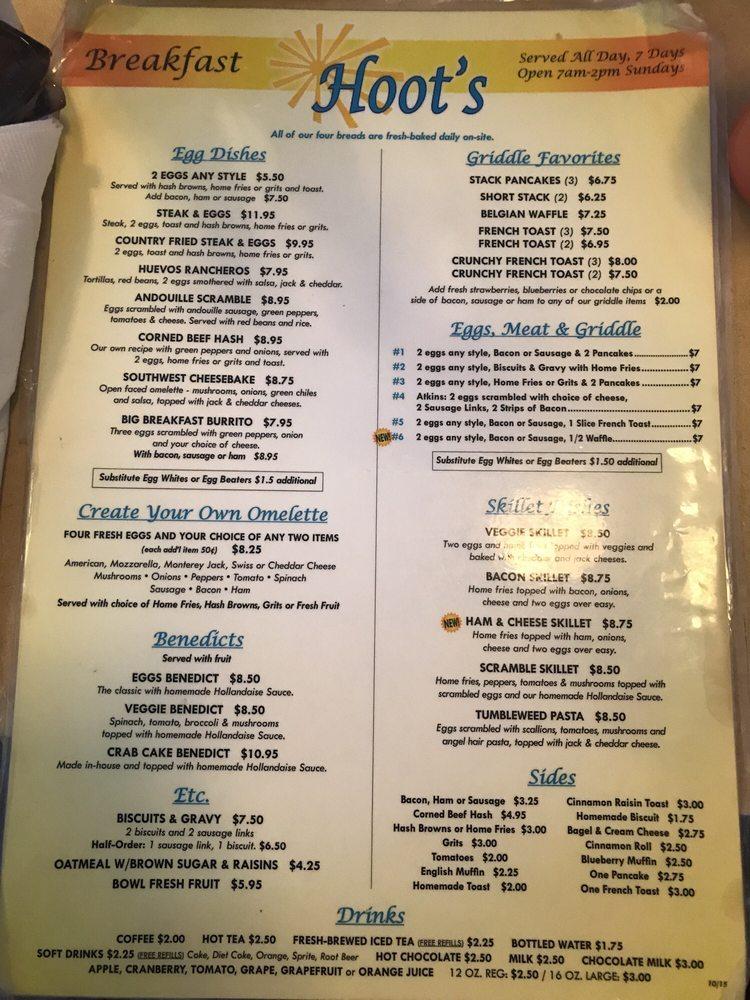 Menu at Hoot's Breakfast & Lunch restaurant, Marco Island