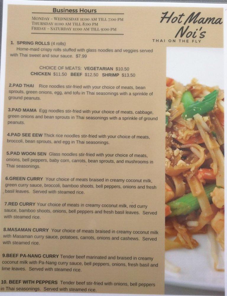 Menu at Hot Mama Noi's Thai On The Fly restaurant, Pickering