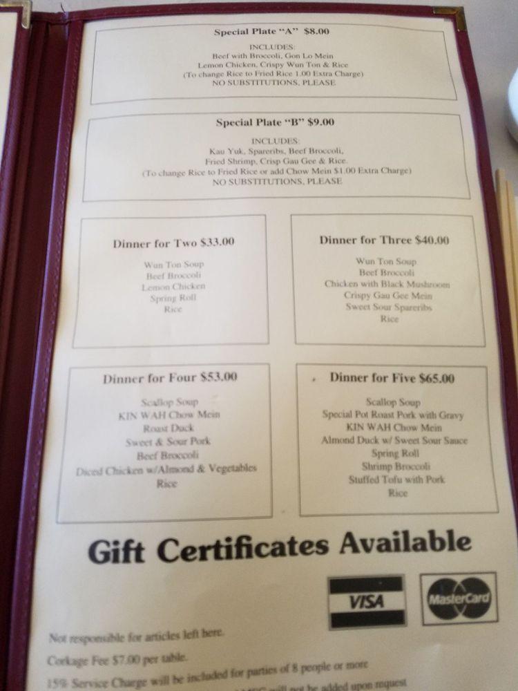 Menu at Kin Wah Chop Suey restaurant, Kaneohe