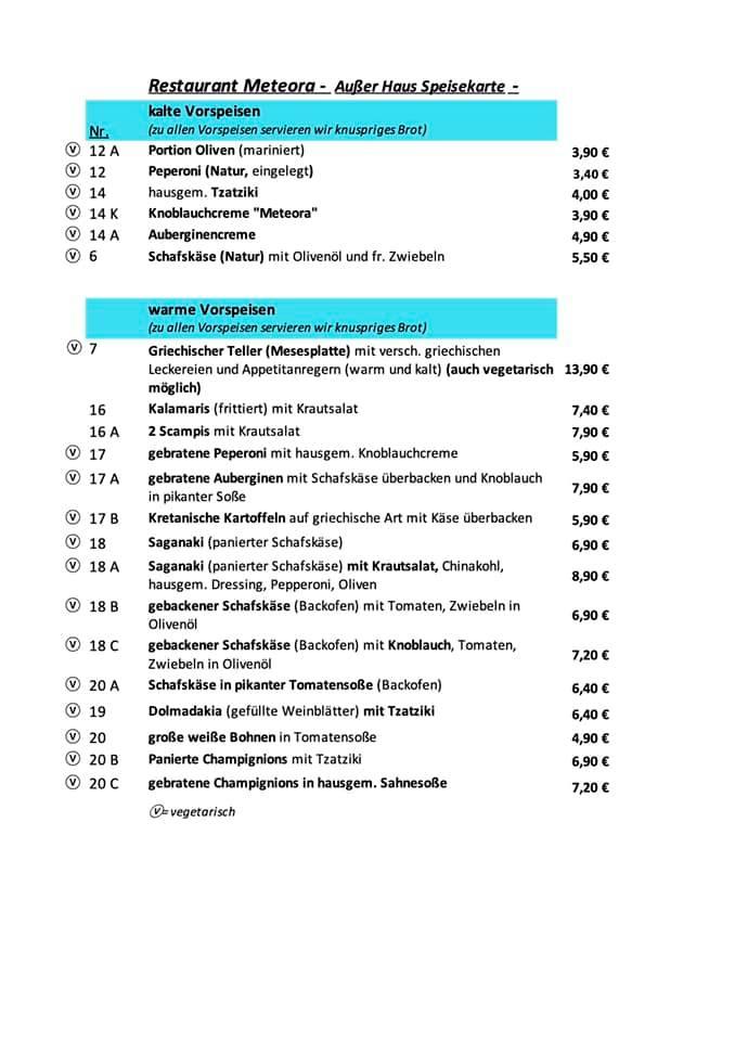 Menu at Meteora restaurant, Saterland