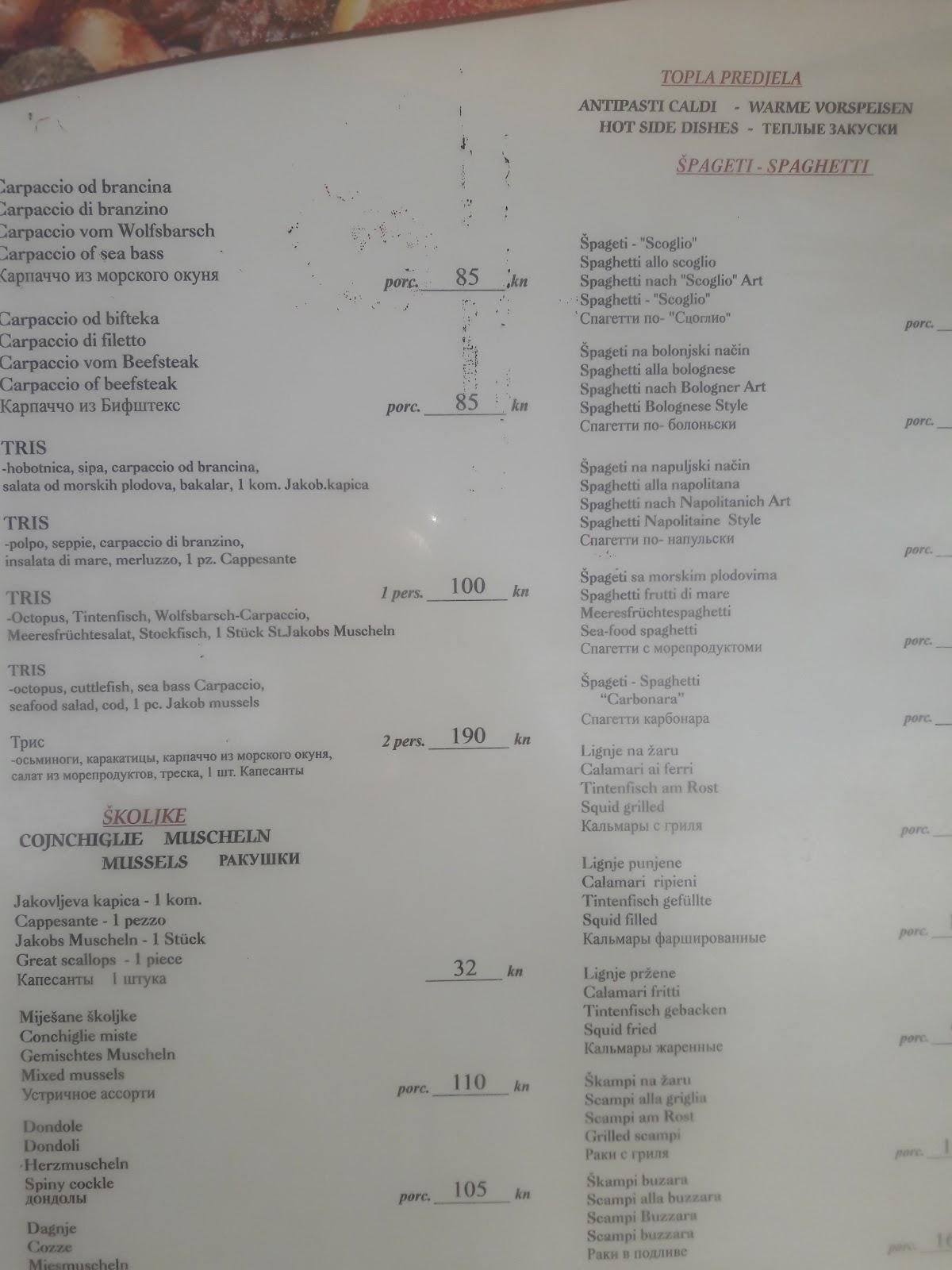 Menu at Restaurant La Riva, Rovinj