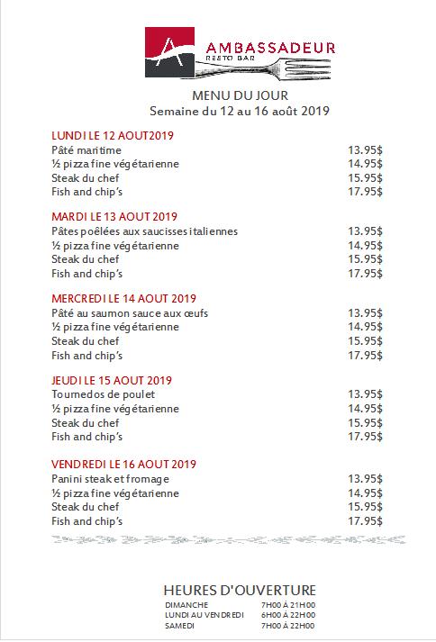 Menu at Auberge L'Ambassadeur restaurant, Amqui, 266 Bd Saint-Benoit O