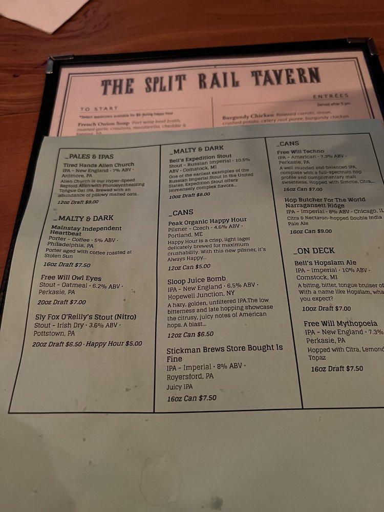Menu at Split Rail Tavern pub & bar, West Chester